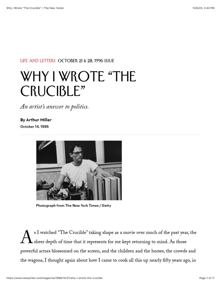 Why I Wrote "The Crucible": An Artist's Answer To Politics | PDF ...