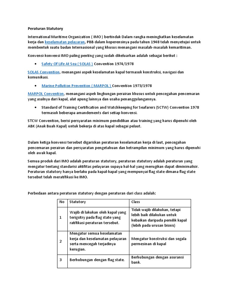 A. PERATURAN STATUTORY, MARPOL DAN SOLAS | PDF