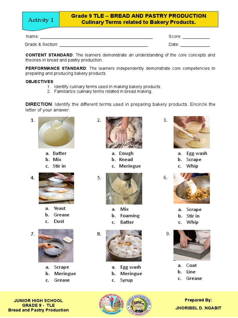 Activity Sheet 1 - TLE - Gr.9 - Bread and Pastry Production - Culinary ...
