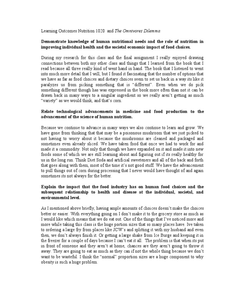 Learning Outcomes Nutrition 1020 and The Omnivores Dilemma | PDF ...