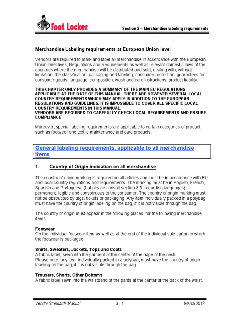 General Labeling Requirements, Applicable To All Merchandise Items ...