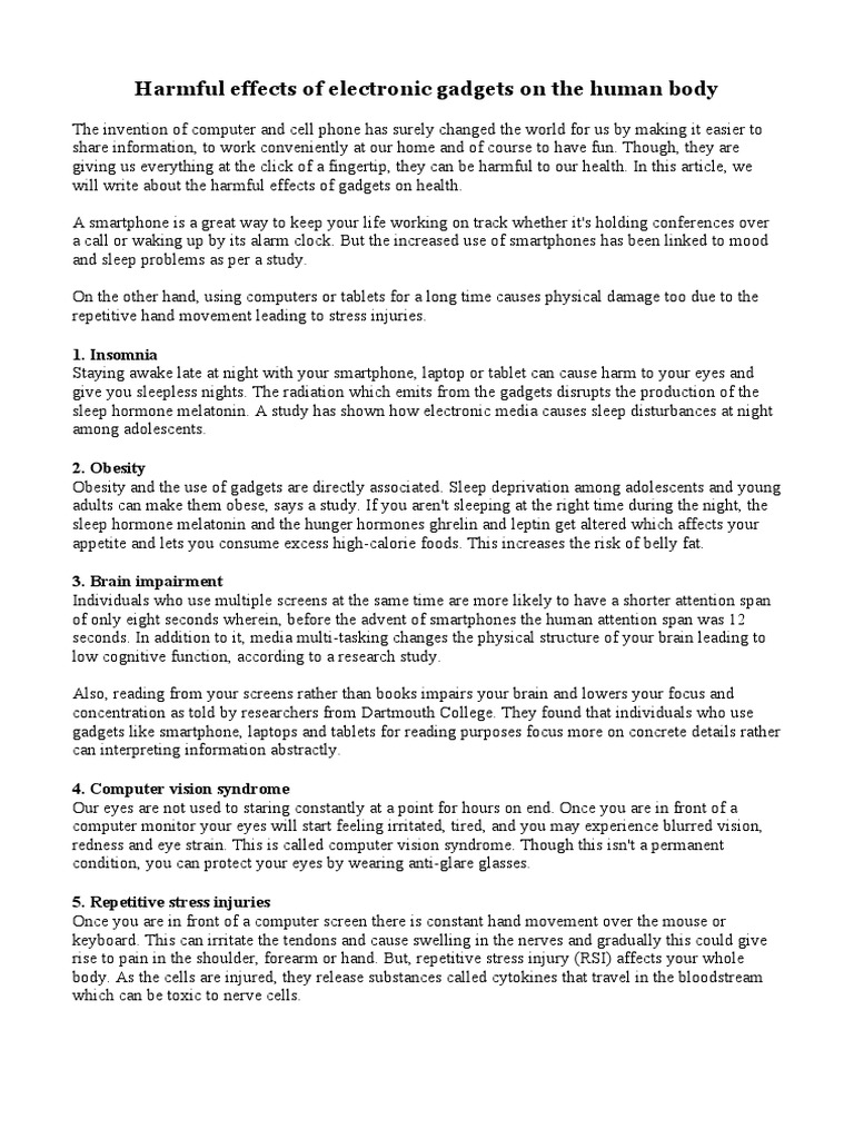 Harmful Effects of Electronic Gadgets On The Human Body | PDF | Sleep ...