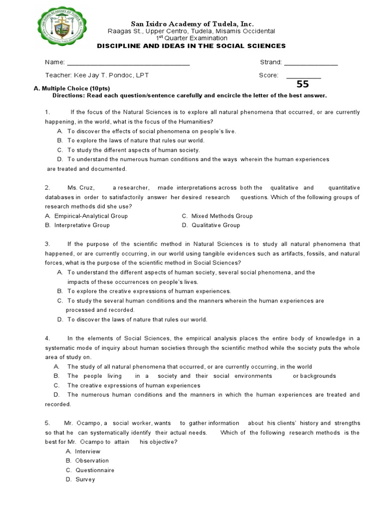 1st Quarter DISS Exam Review Guide | PDF | Social Science | Science