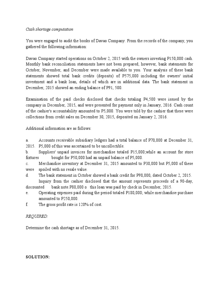 Cash Shortage Computation | PDF | Banks | Cheque