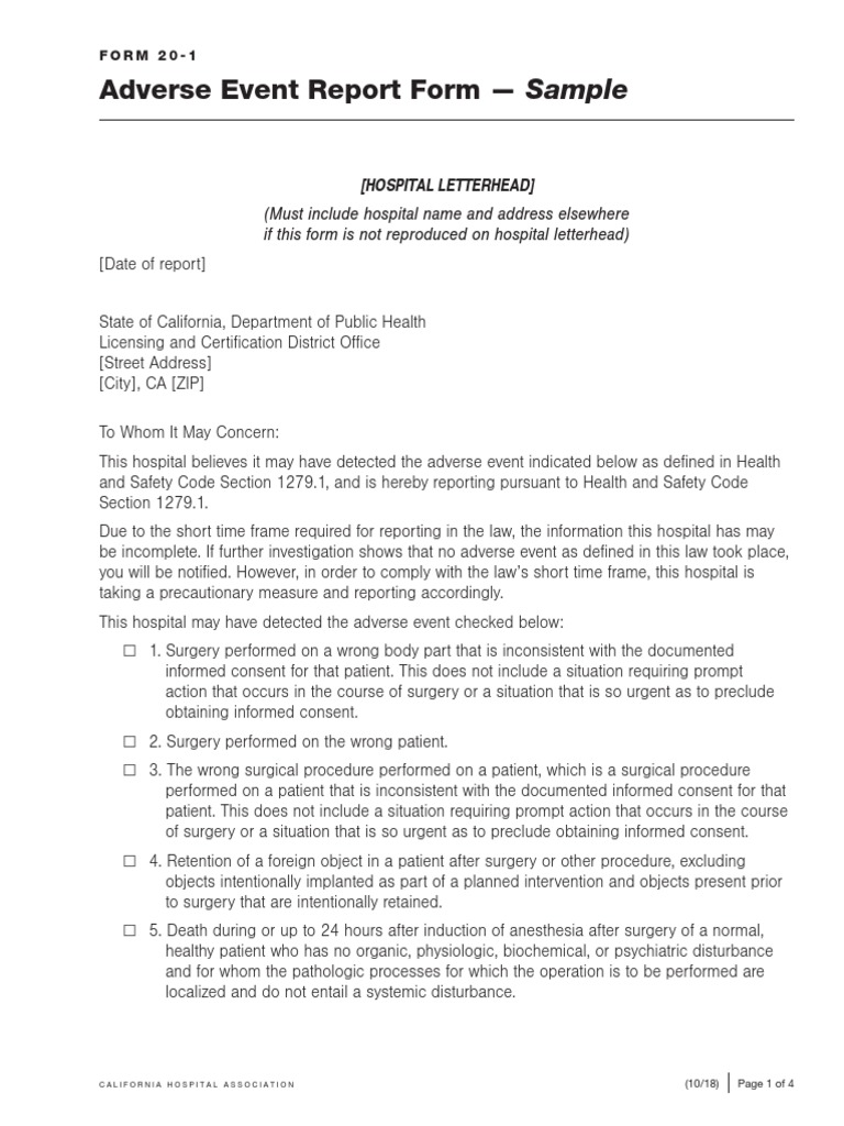 Adverse Event Reporting Form Sample | PDF | Patient | Hospital