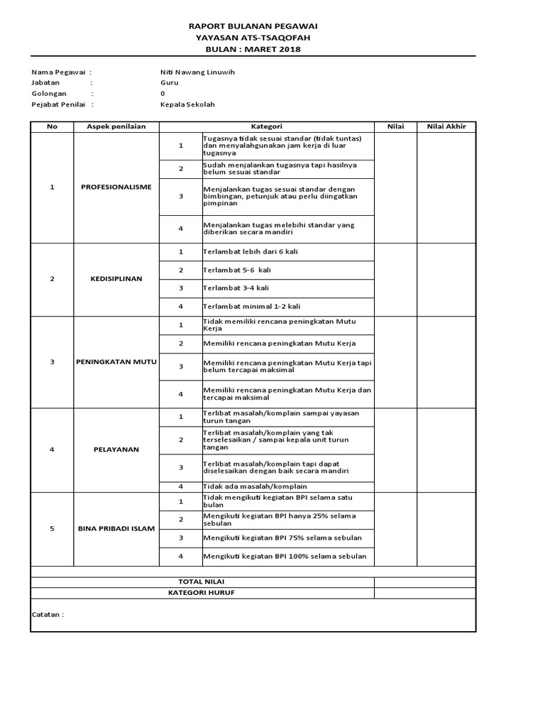 Form Raport Kinerja Pegawai | PDF