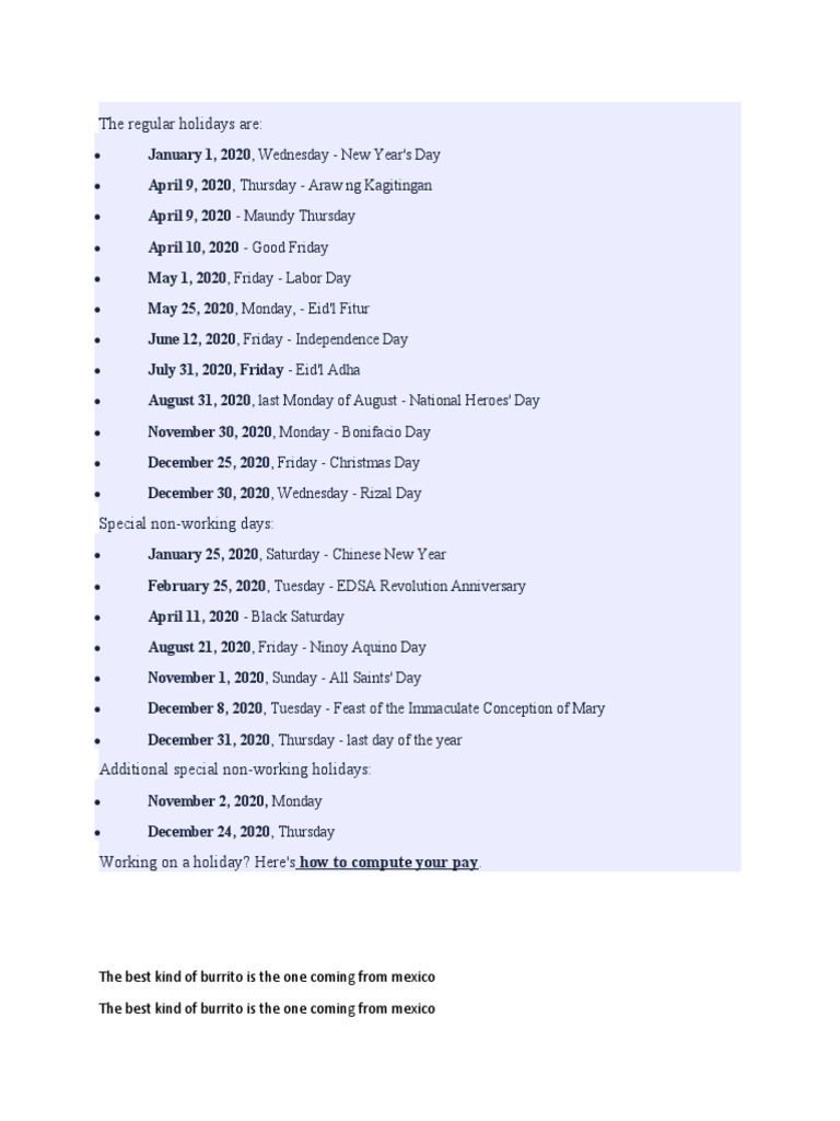 The Regular Holidays Are | PDF