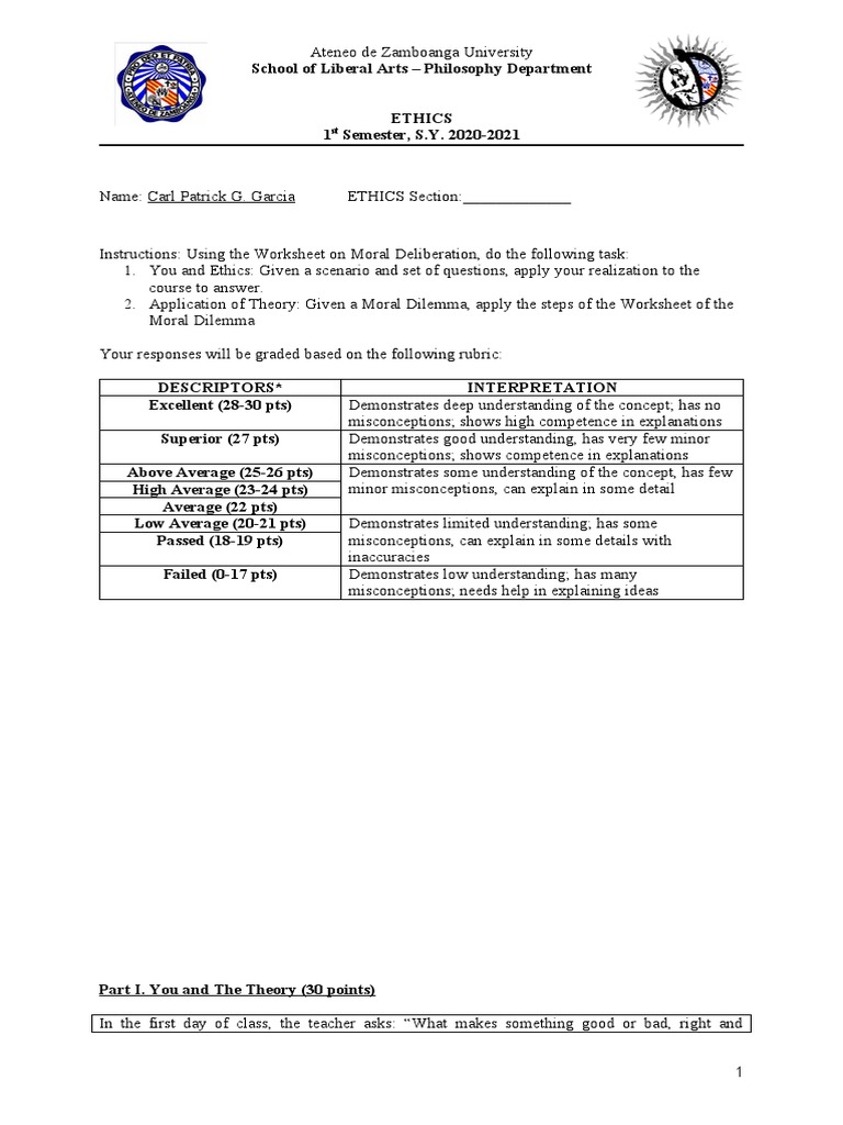 Worksheet On Moral Deliberation - Finalb | PDF | Reason | Philosophical ...