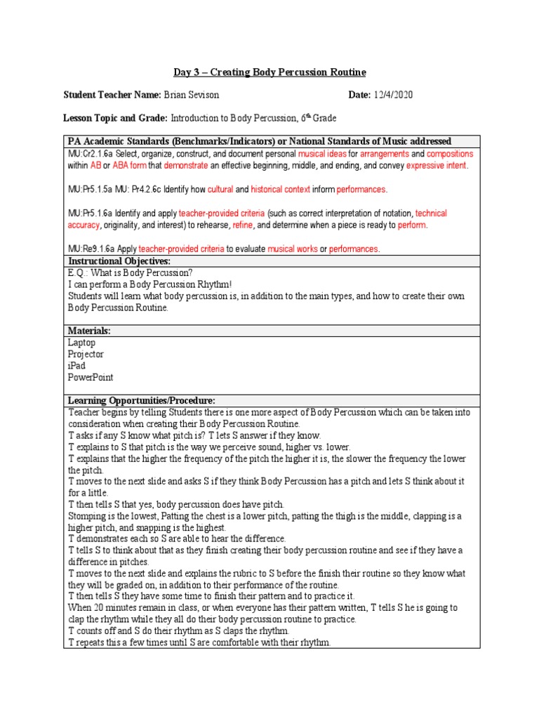 6th Grade Body Percussion Lesson | PDF | Rubric (Academic) | Pitch (Music)