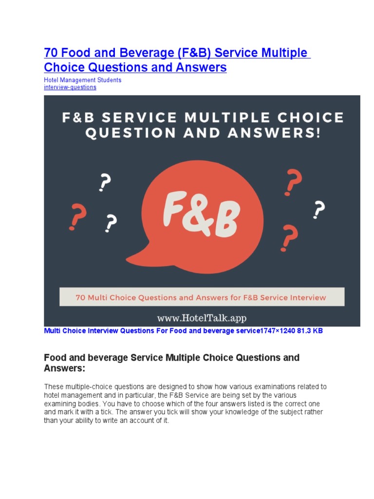 70 Food and Beverage (F&B) Service Multiple Choice Questions and ...