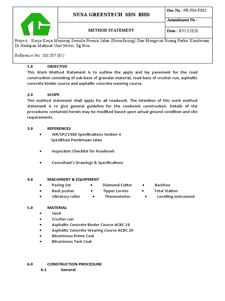 Resurfacing Road and Repainting Parking Area Method Statement | PDF ...
