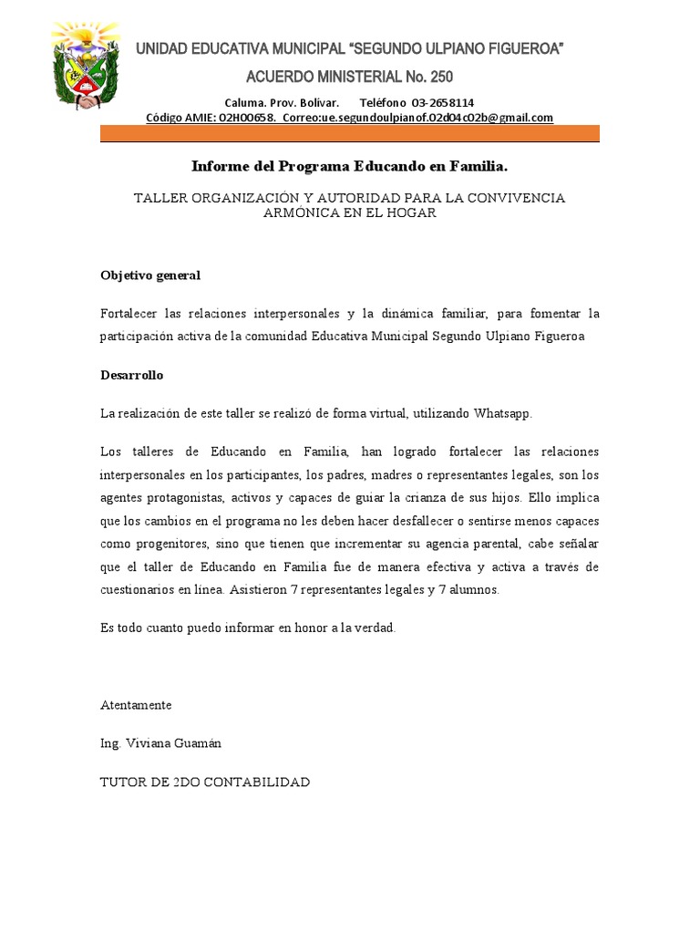 Informe Del Programa Educando en Familia Ing. Viviana | PDF