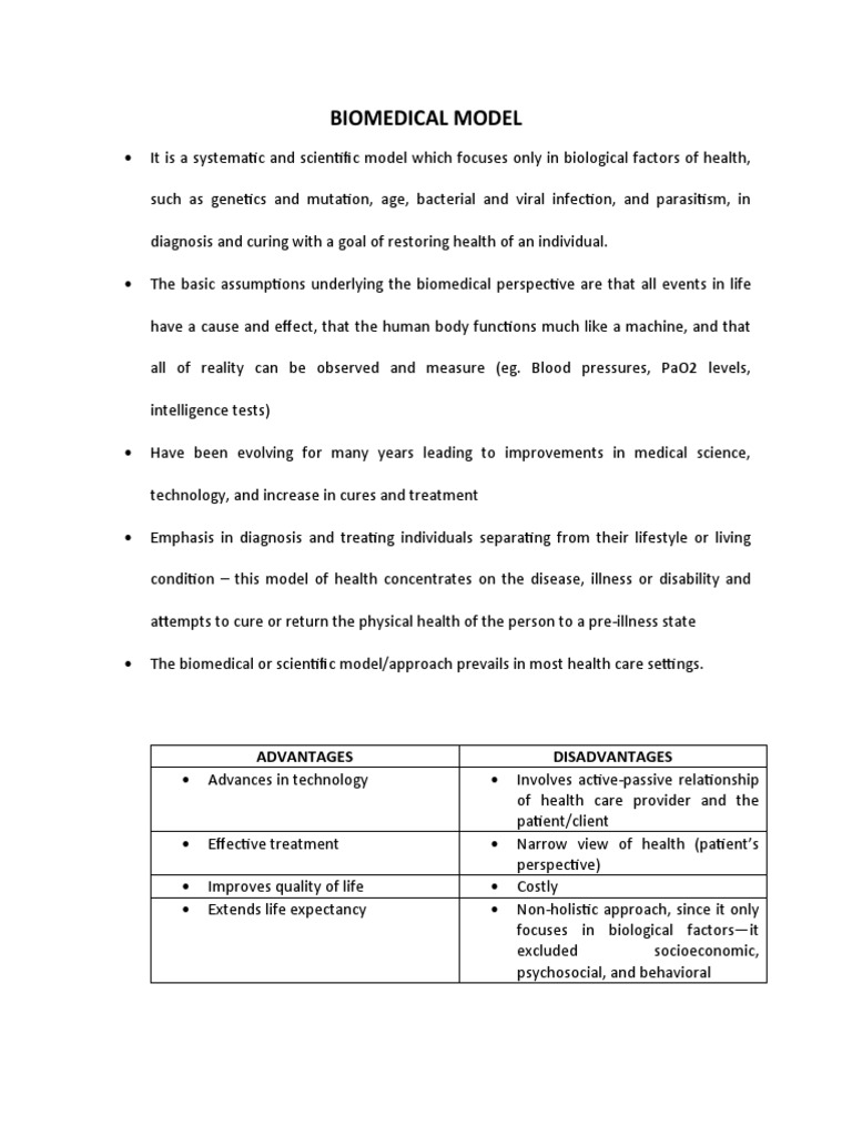 Biomedical Model: Advantages Disadvantages | PDF | Health Care | Cure