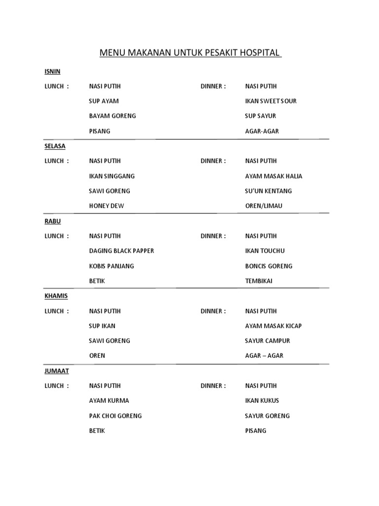 Menu Makanan Untuk Pesakit Hospital: Isnin | PDF