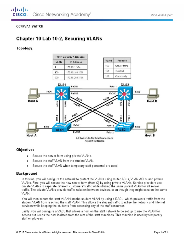 Chapter 10 Lab 10-2, Securing Vlans: Topology | PDF | Internet Protocols | Network Switch