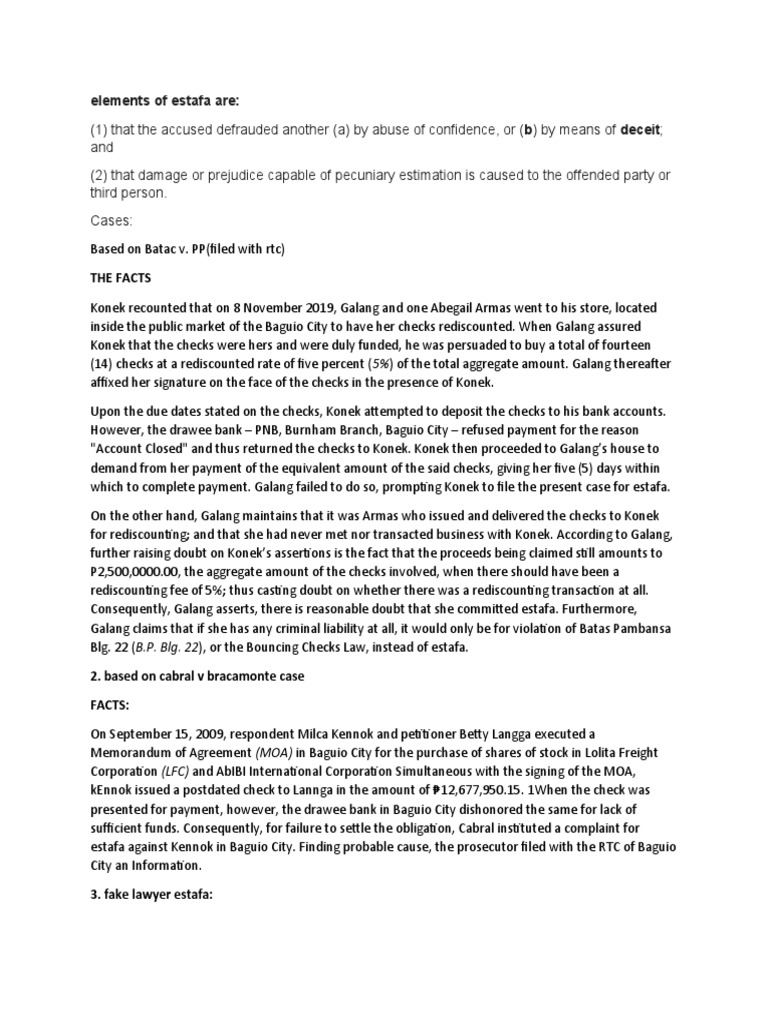 Elements of Estafa Are:: The Facts | PDF | Fraud | Payments