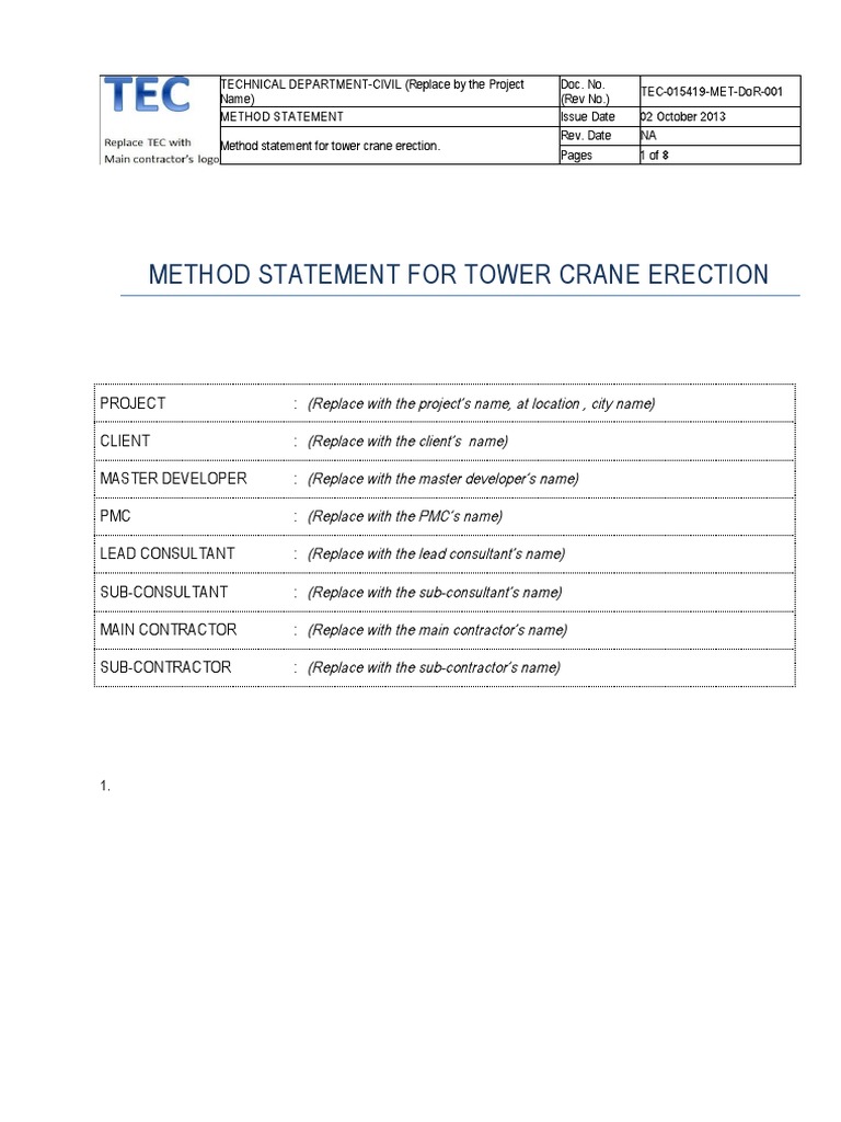 TEC-015419 - MET-DoR-001 (Method Statement For Tower Crane Erection ...