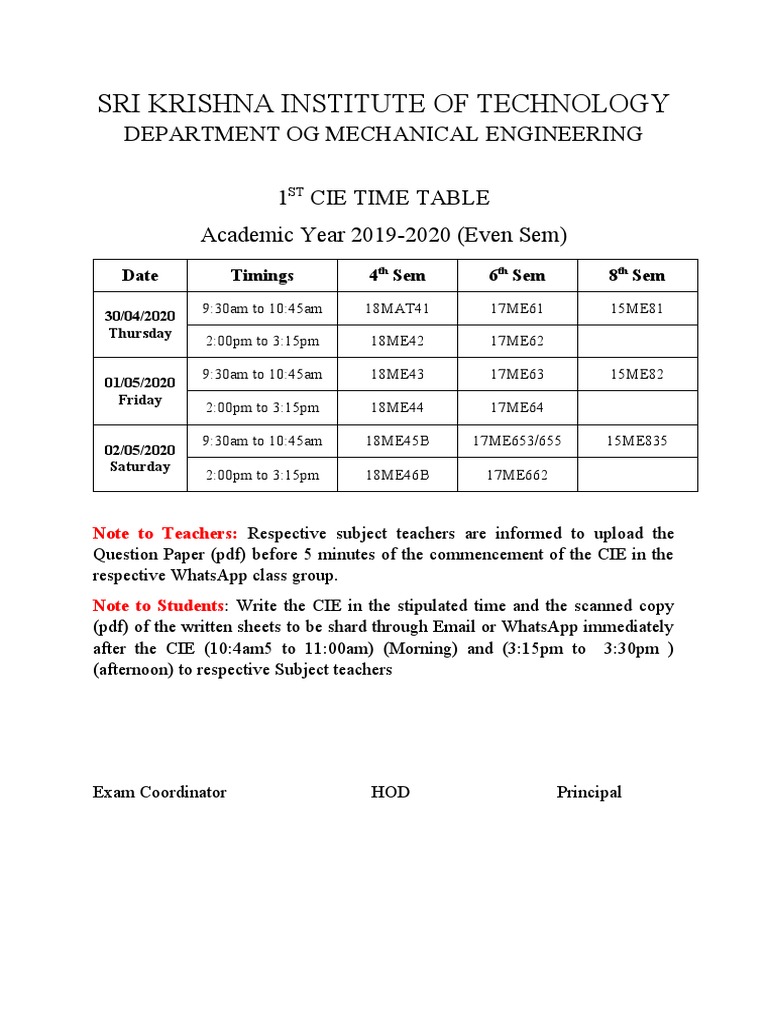 1st CIE Time Table | PDF