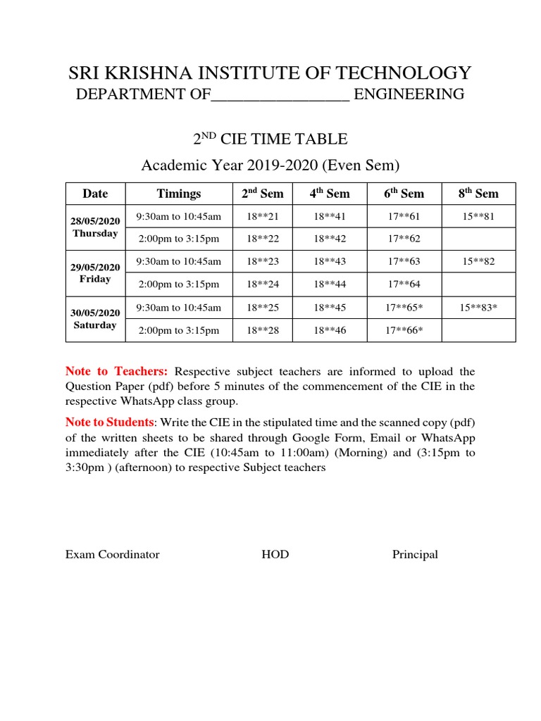 2nd CIE Time Table Format | PDF