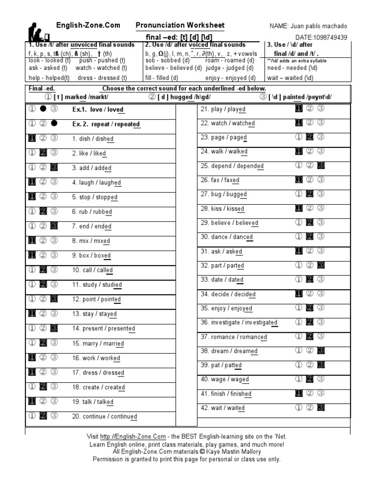 Pronunciation Worksheet Final - Ed: (T) (D) (/D) : //D/ Adds An Extra ...