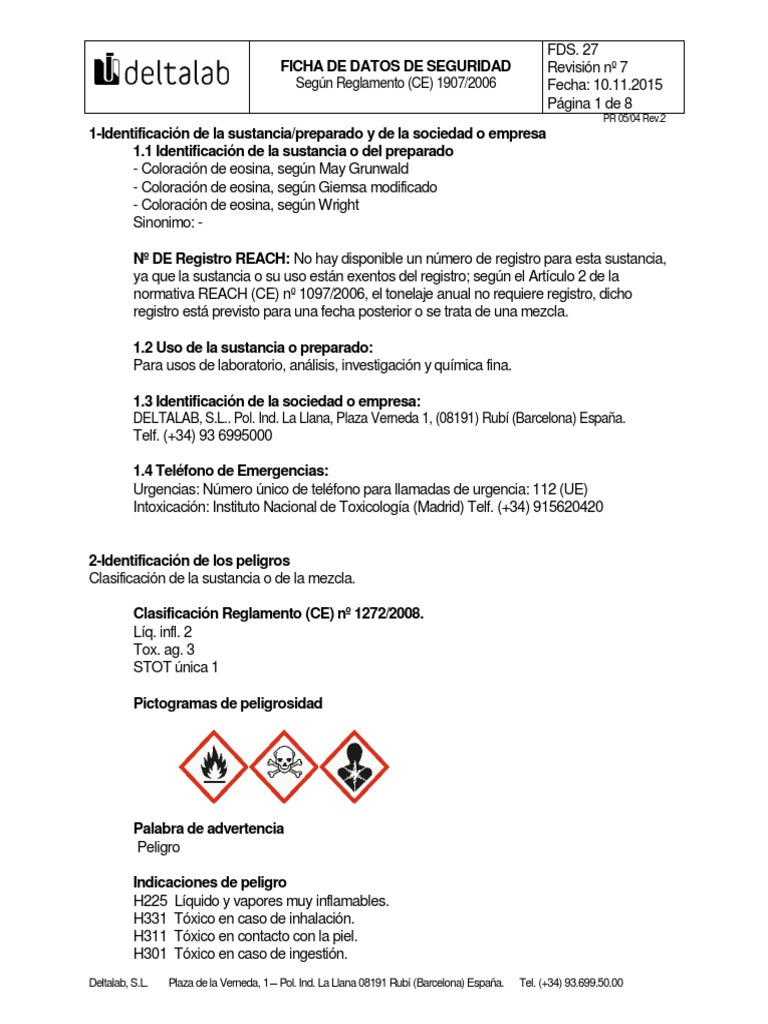 Ficha Seguridad FDS 27 Rev.7 Coloracion Eosina | PDF | Toxicidad | Residuos