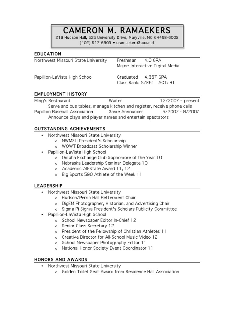 Cameron Ramaekers' Resume | PDF | Sports | Leisure