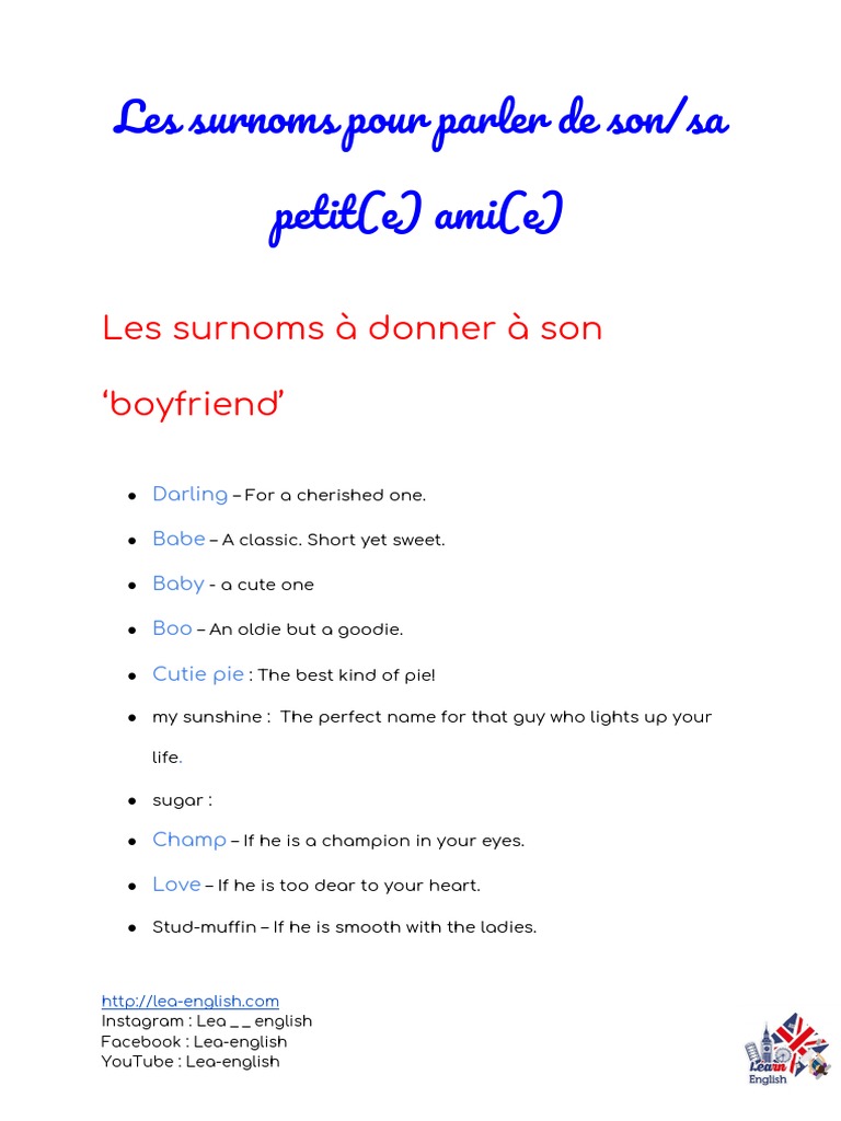 Les Surnoms Pour Parler de Son/sa Petit (E) Ami (E) | PDF