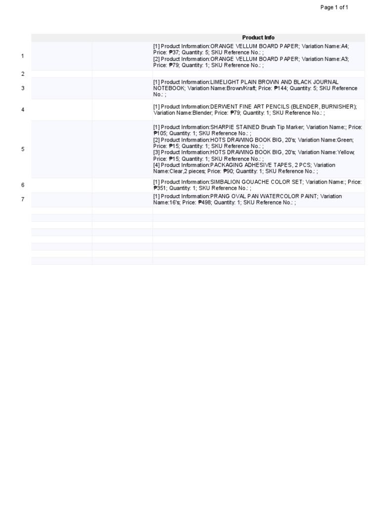 Art Supplies Product List and Prices | PDF