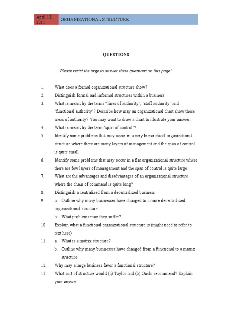 Organisational Structure Questions | PDF