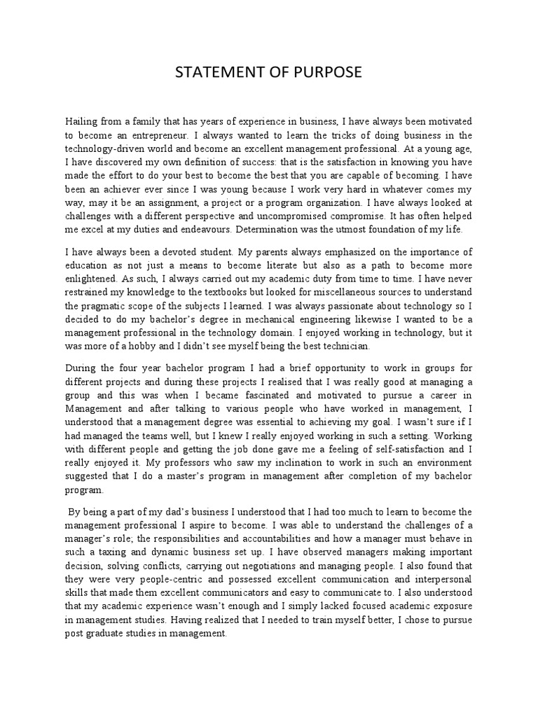 STATEMENT OF PURPOSE (Management) | PDF | International Student ...