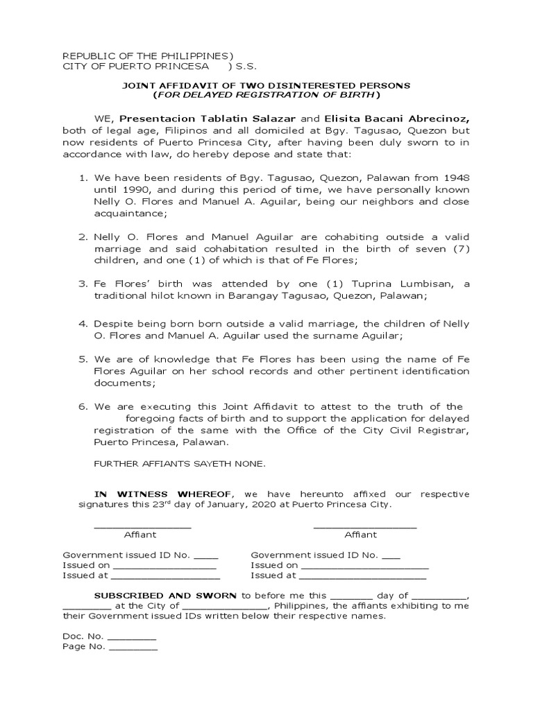 Sample Joint Affidavit of Two Disinterested Persons For Delayed Birth ...