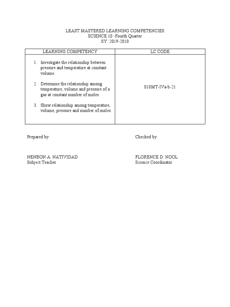LEAST MASTERED LEARNING COMPETENCIES Science 10-Fourth Quarter | PDF