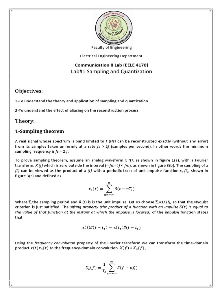 Lab#1 Sampling and Quantization Objectives:: Communication II Lab (EELE 4170) | PDF | Sampling ...