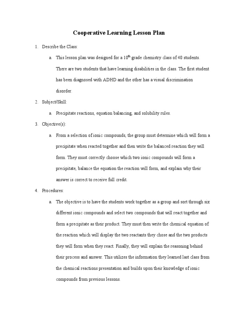 Cooperative Learning Lesson Plan | PDF | Chemical Reactions ...