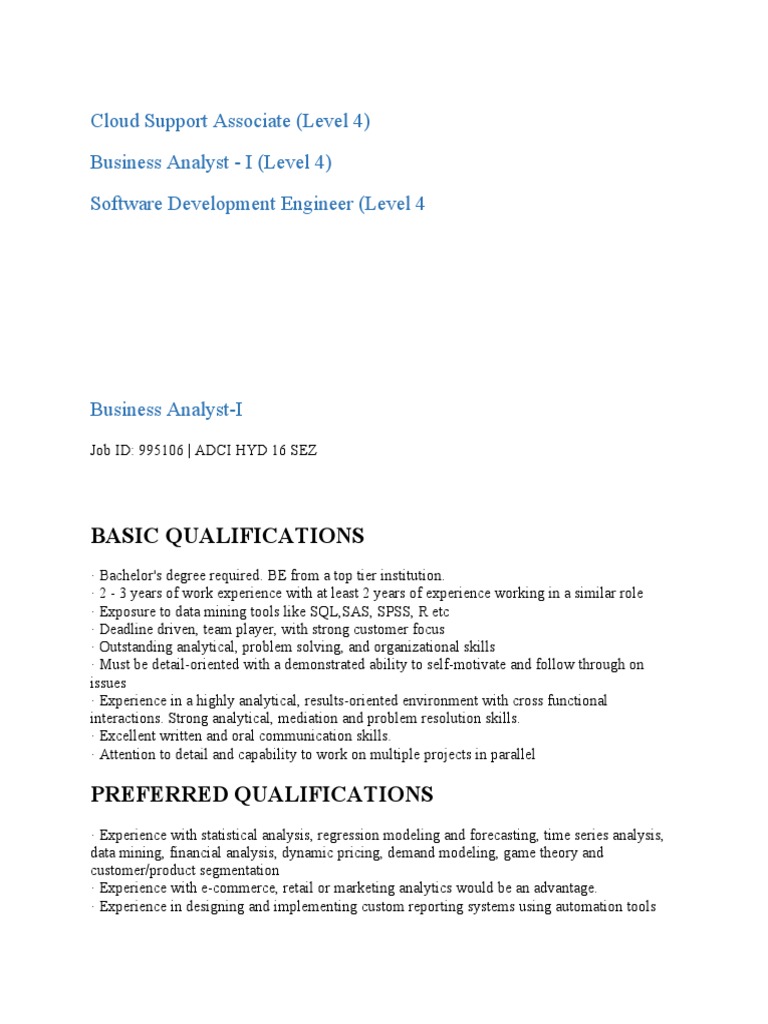 Cloud Support Associate (Level 4) Business Analyst - I (Level 4 ...