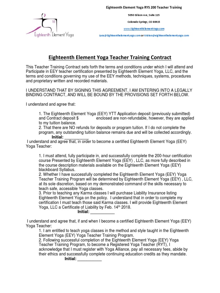 Eighteenth Element Yoga Teacher Training Contract: Initial | PDF ...