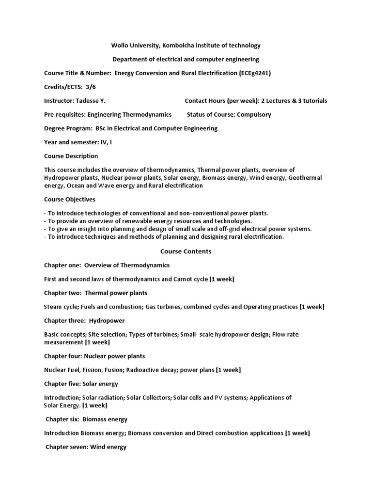 Energy Conversion and Rural Elec. Course Outline PDF | PDF | Power ...