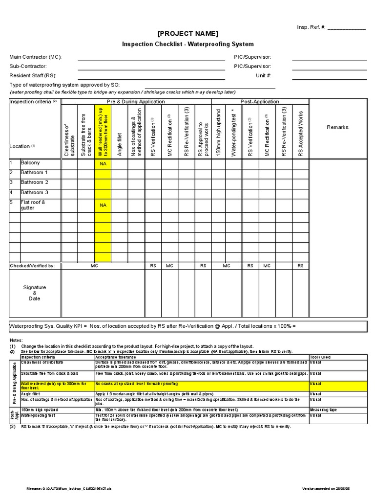 (Project Name) : Inspection Checklist - Waterproofing System | PDF ...