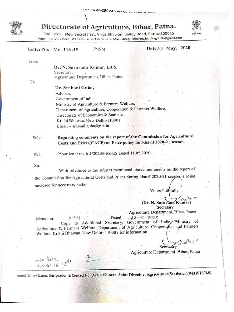 Bihar Agriculture Ministry Letter | PDF