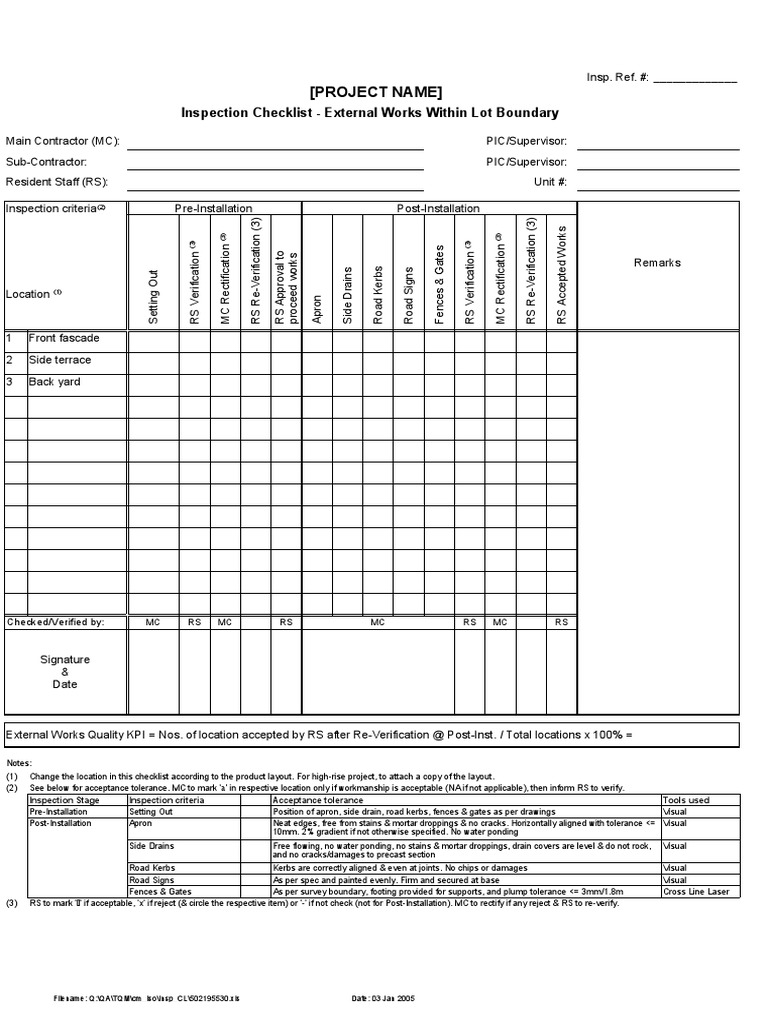 (Project Name) : Inspection Checklist - External Works Within Lot ...