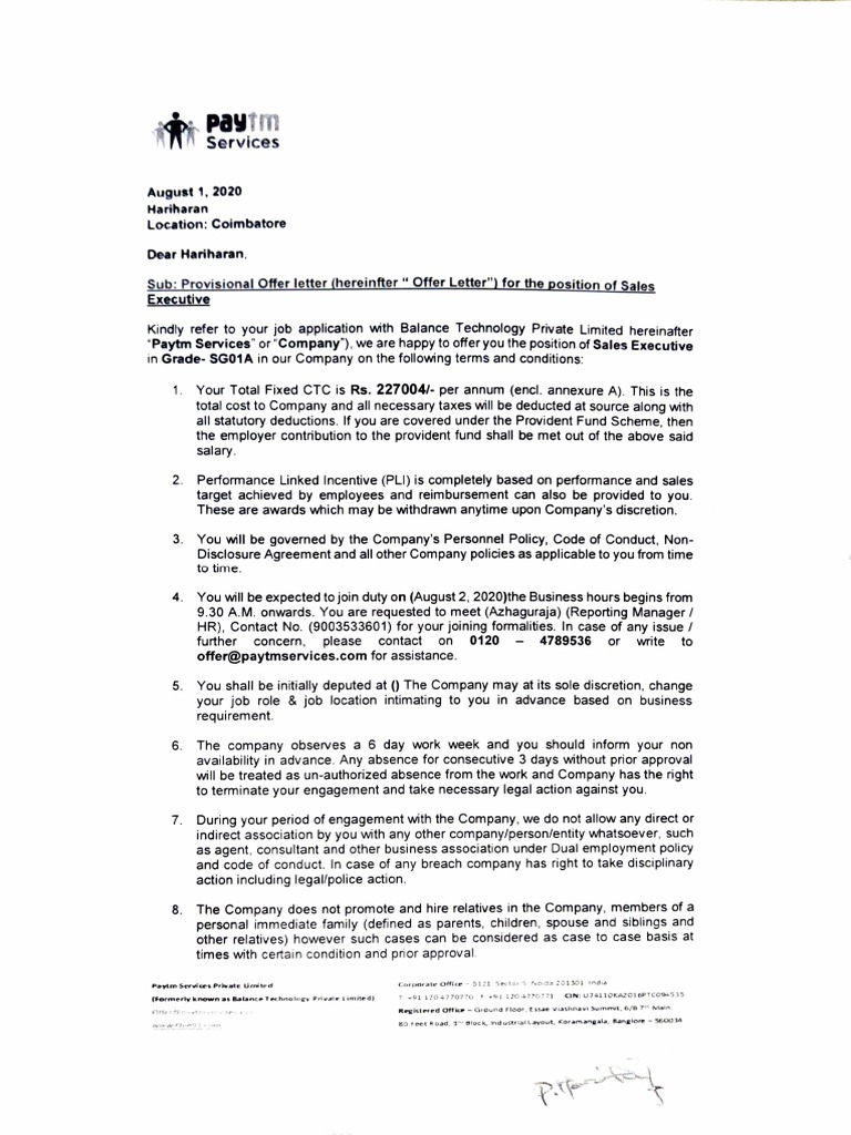 Paytm: Sub: Provisional Offer Letter (Hereinfter " Offer Letter") For ...