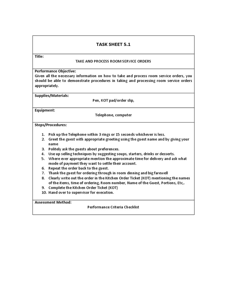 Task Sheet 5.1 - Take and Process Room Service Orders PDF | PDF ...
