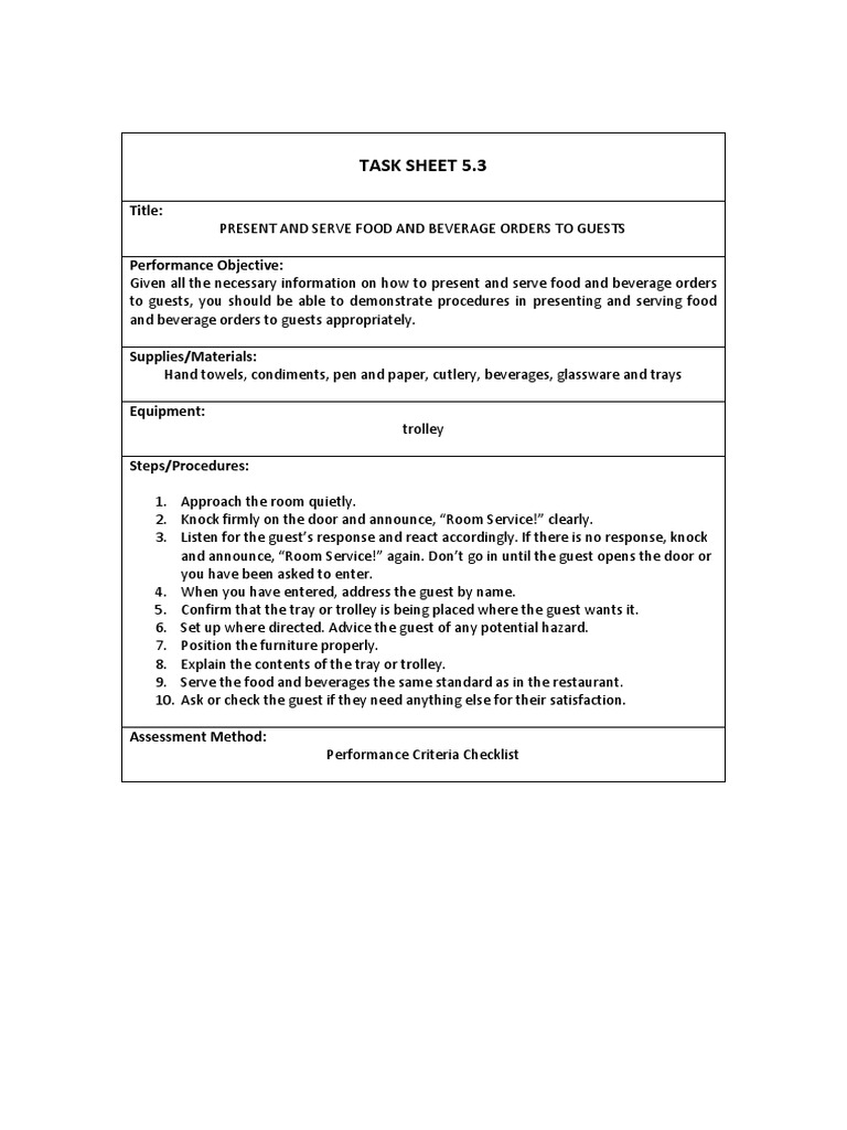Task Sheet 5.3 - Present and Serve Food and Beverage Orders To Guests ...