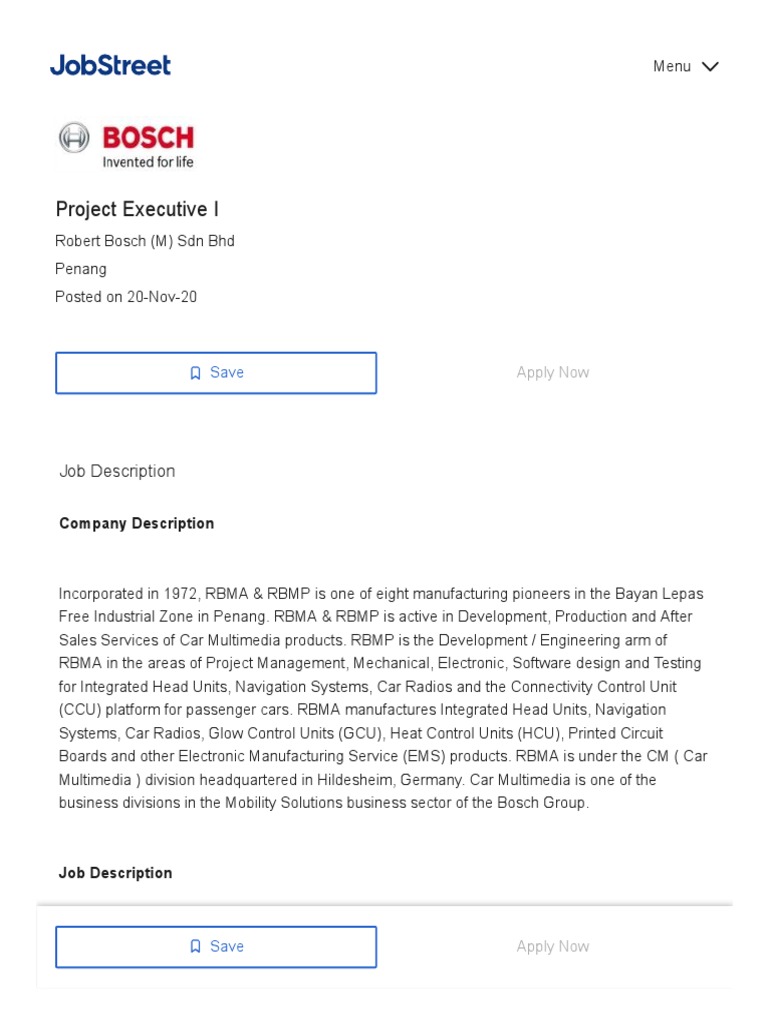 Project Executive I - Robert Bosch (M) SDN BHD - 4428761 - JobStreet ...