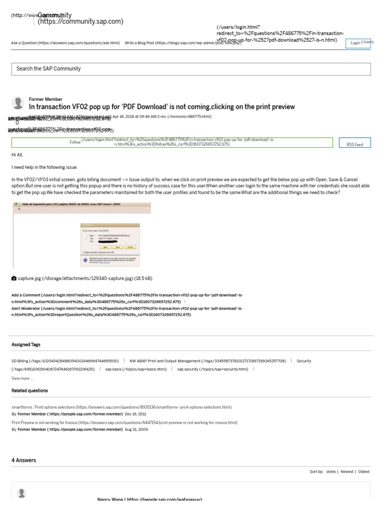 In Transaction VF02 Pop Up For 'PDF Download' Is Not Coming, Clicking On The Print Preview - SAP Q&A | PDF | Default (Computer Science) | Digital Technology