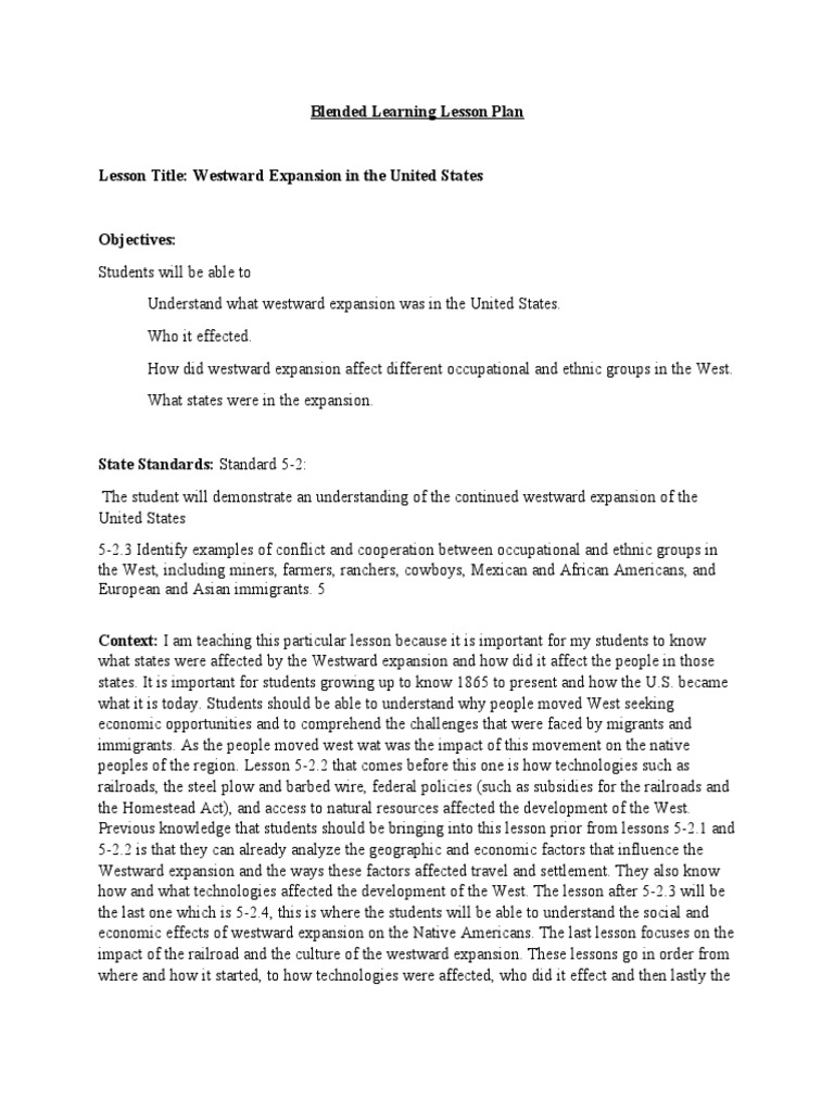Westward Expansion Lesson Plan | PDF | Immigration | Classroom
