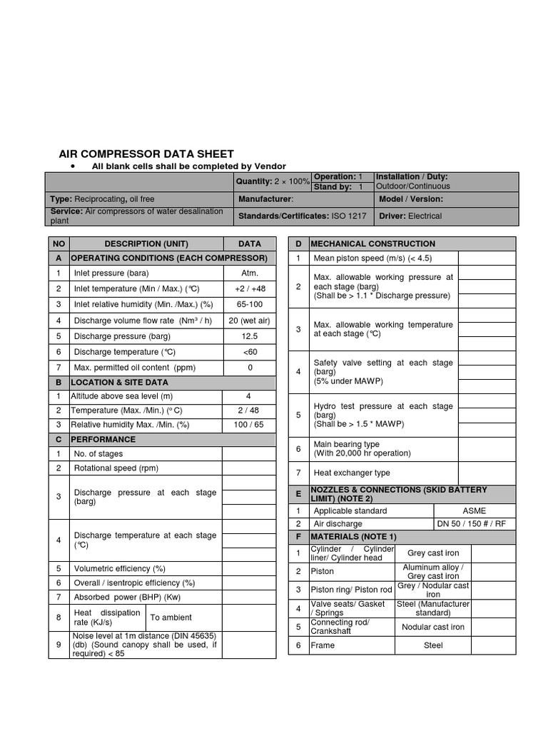 Air Compressor Data Sheet: All Blank Cells Shall Be Completed by Vendor | PDF | Valve | Machines