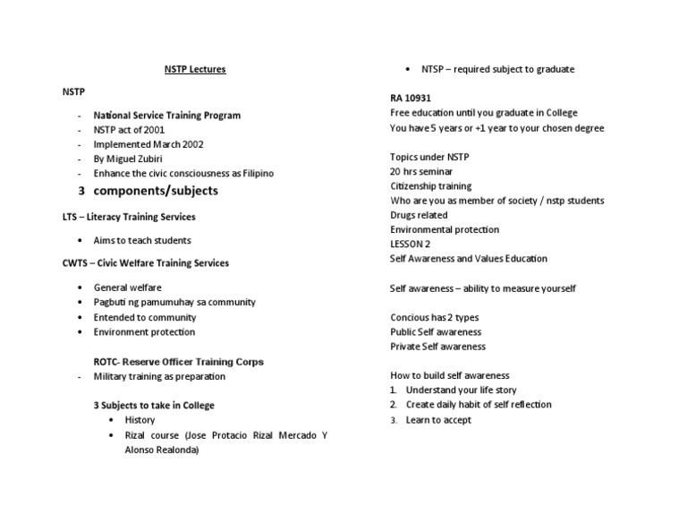 3 Components/subjects: NSTP Lectures NSTP - National Service Training ...