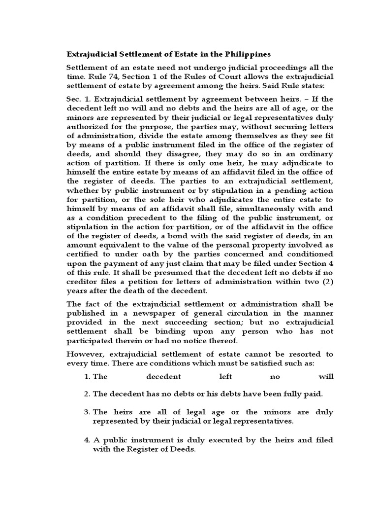 Extrajudicial Settlement of Estate in The Philippines | PDF | Estate ...