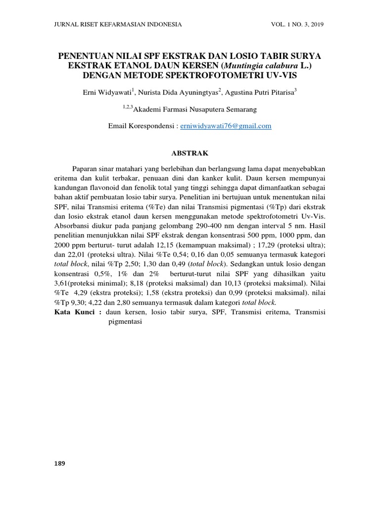 PENENTUAN NILAI SPF EKSTRAK DAN LOSIO TABIR SURYA EKSTRAK ETANOL DAUN KERSEN (Muntingia Calabura ...